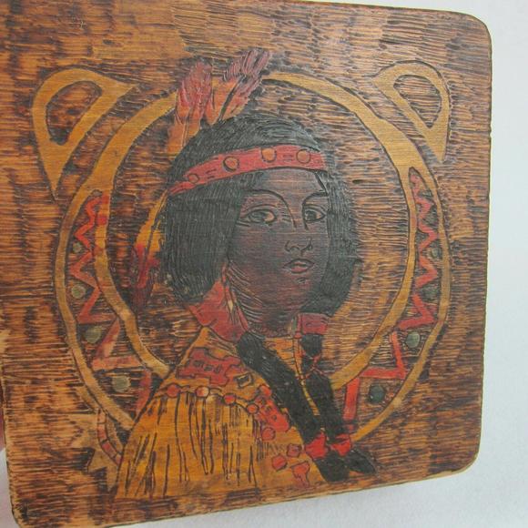 Other | Antique Pyrography Wood Box Art Nouveau Native American Indian ...